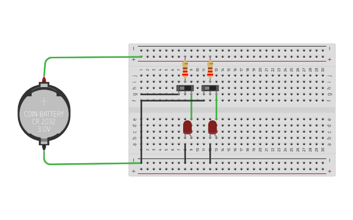 Circuit design blink 2LED-2switch-jamer - Tinkercad Circuit design blink 2LED-2switch-jamer - Tinkercad