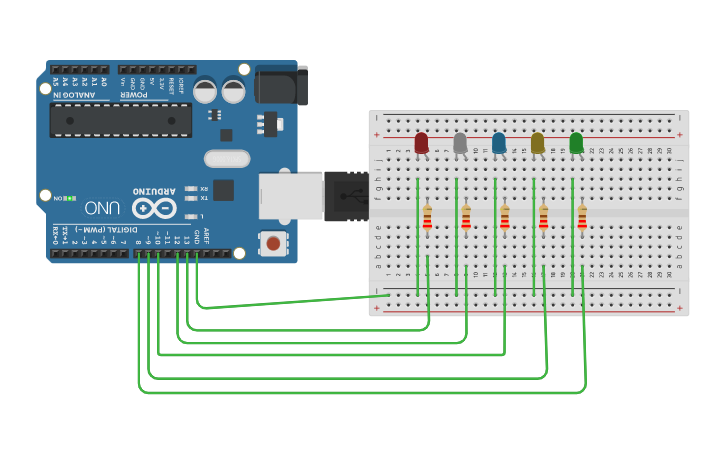 Circuit design 5 led blinking - Tinkercad