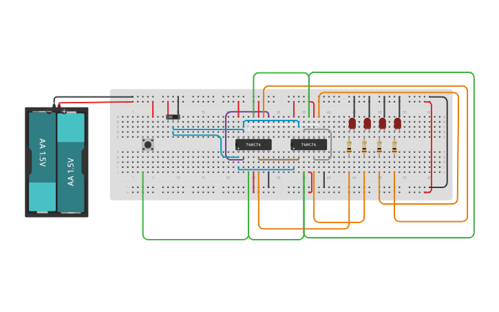 Circuit design 4-bit Johnson counter - Tinkercad Circuit design 4-bit Johnson counter - Tinkercad