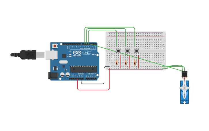Circuit design servo motore con pulsanti | Tinkercad