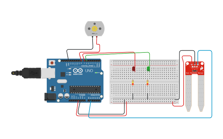 Circuit design sensor de humedad,motorcc, luce led - Tinkercad