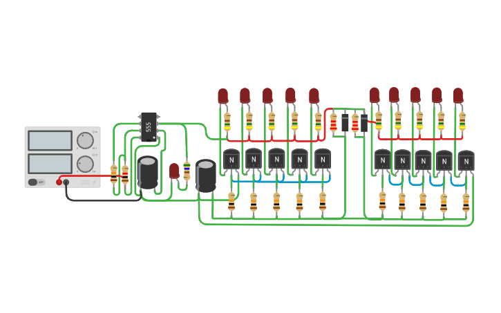 Circuit design BC 547 &NE 555 LED Chaser | Tinkercad