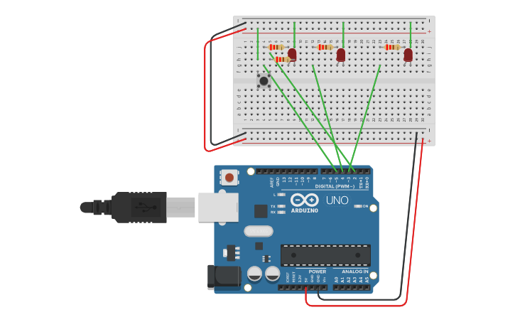 Circuit design 3 LED with switch - Tinkercad