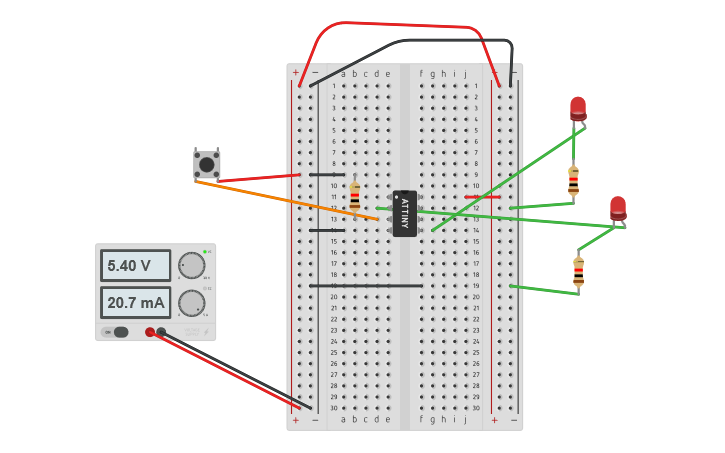 Circuit design ATTINY interrupt--read rising and falling edges - Tinkercad Circuit design ATTINY interrupt--read rising and falling edges - Tinkercad