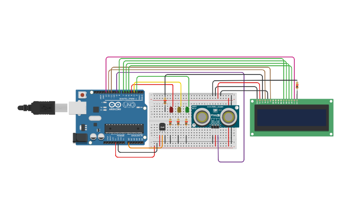 Circuit design Temperatura y Distancia en LCD - Tinkercad