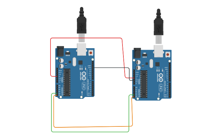Circuit design Pugliese-I2c tra due arduino(1) | Tinkercad Circuit design Pugliese-I2c tra due arduino(1) | Tinkercad