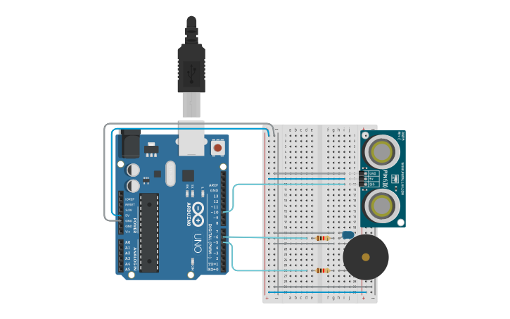 Circuit design Sesión 17. Ultrasonic distance sensor | Tinkercad
