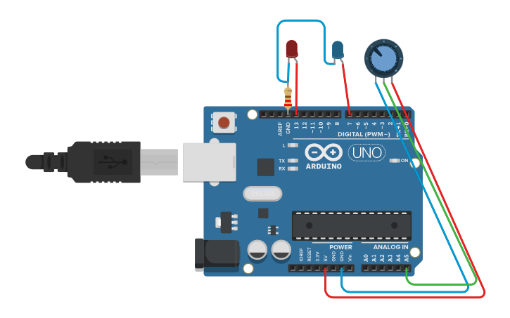 Circuit design Potenciometro - If - Else y LED's - Tinkercad