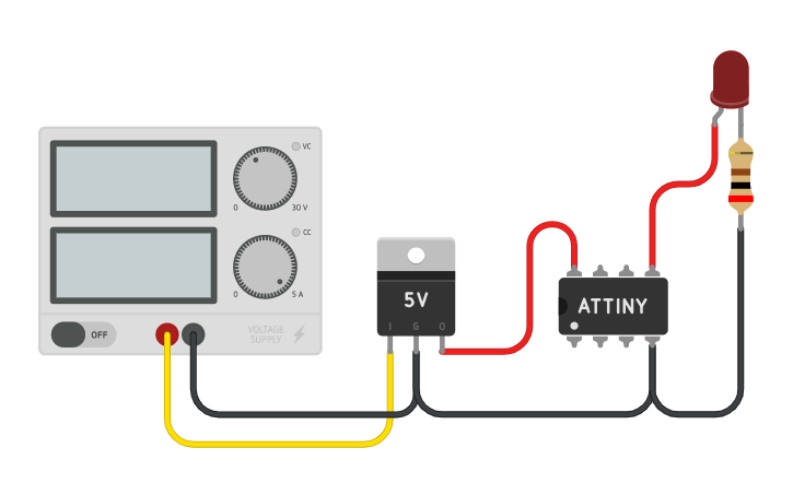Circuit design 12V A 5V CON ATTINY Y UN LED | Tinkercad