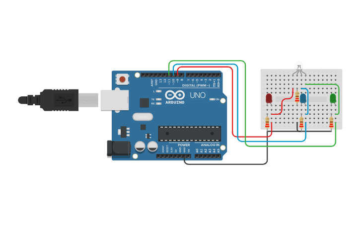 Circuit design PROYECTO RGB CON LEDs - Tinkercad