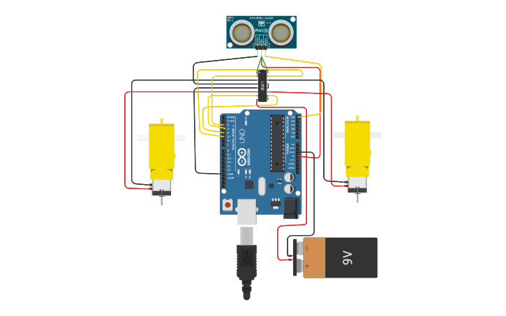 Circuit design ROBOT Movement using Ultrasonic sensor - Tinkercad