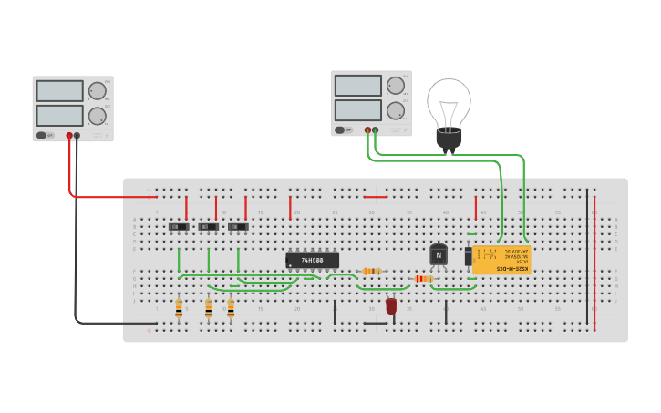 Circuit design Montaje de un circuito combinacional con puerta NAND y relé - Tinkercad
