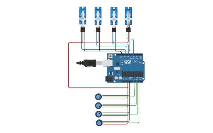 Circuit design Desafio 5 - Controle 4 servomotores - Tinkercad