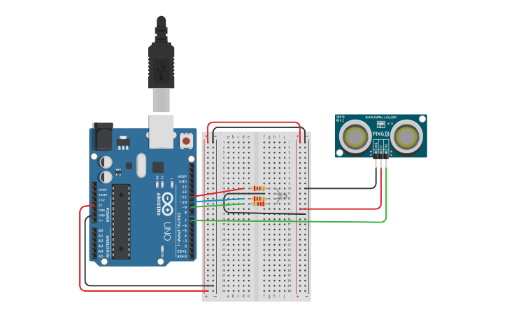 Circuit design Ultrasonic Sensor and RGB LED - Tinkercad