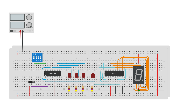 Circuit design 7493 čítač 16 s resetem | Tinkercad
