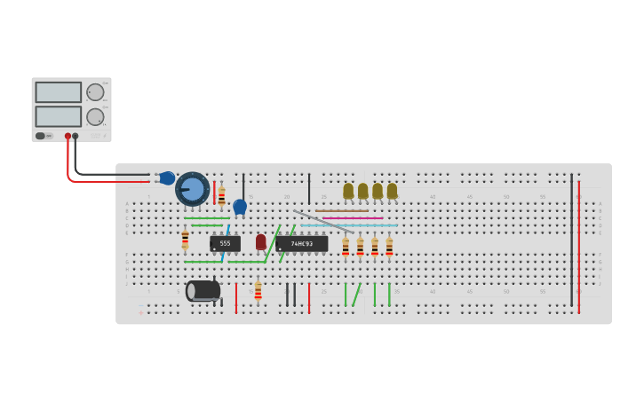 Circuit design L20 Counter using NE555 and 4 LEDs - Tinkercad