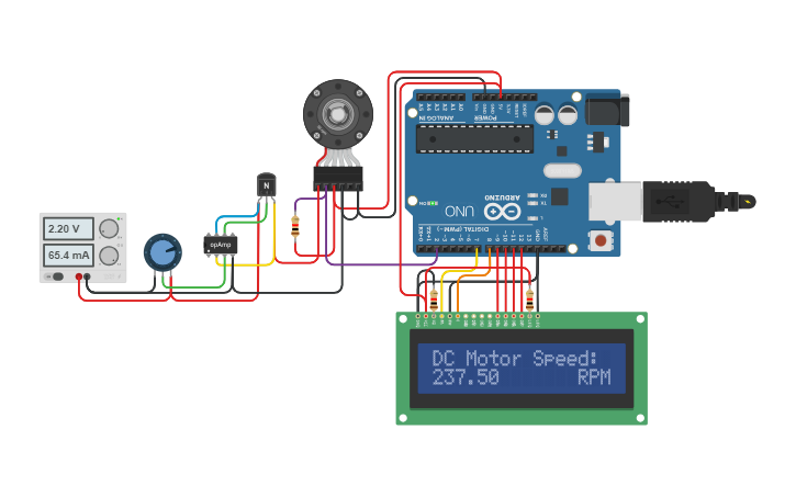 Circuit design Display Live DC motor speed on 16x2 LED display - Tinkercad