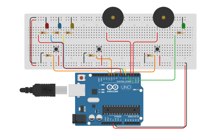 Circuit design Switches, LEDs, Buzzers working with Arduino | Tinkercad
