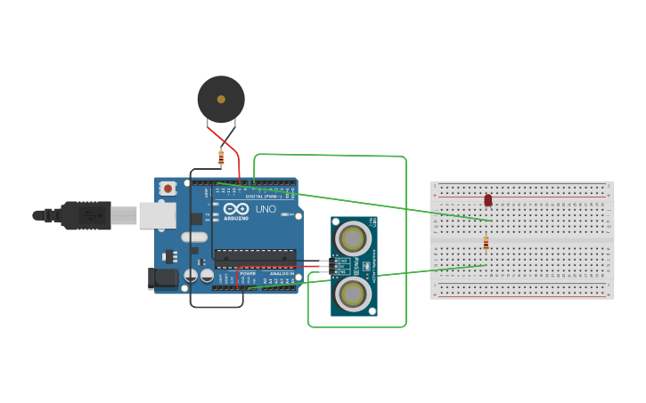 Circuit design Ultrasonic Sensor Alarm for Parking Vehicles - Tinkercad