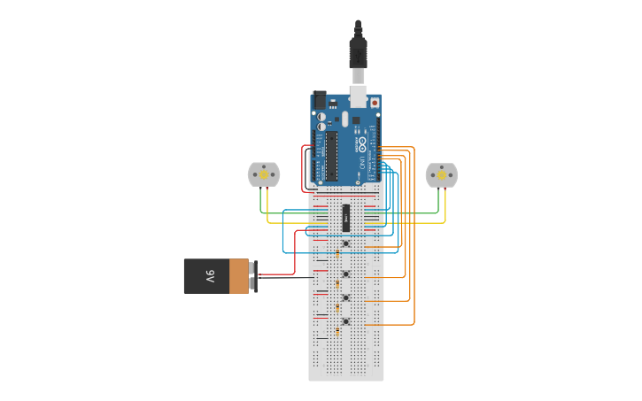 Circuit design Controlling 2 DC motors with push buttons - Tinkercad