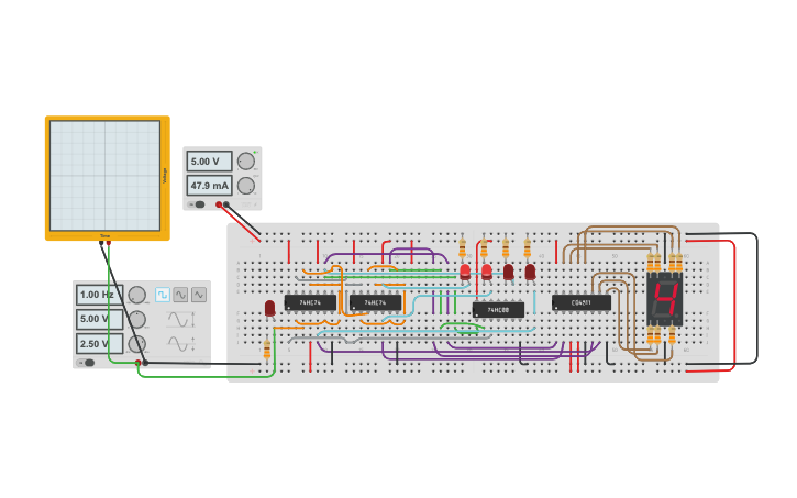 Circuit design 4-bit 0-9 Counter D flip flop - Tinkercad