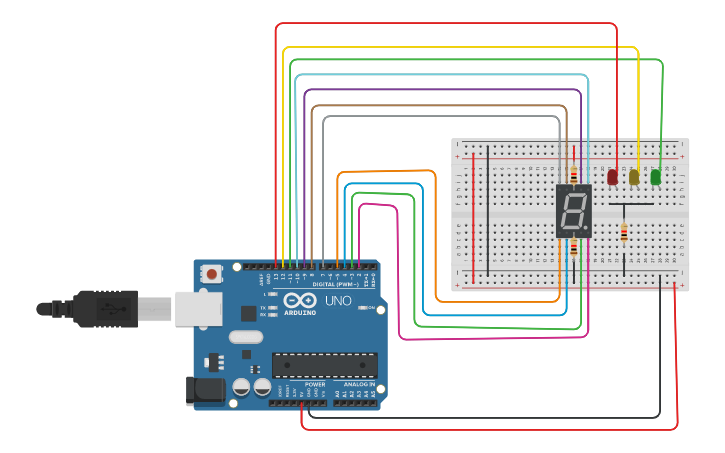 Circuit design Traffic Light with 7segment - Tinkercad