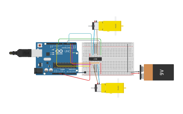 Circuit design Prática 6 L293D com dois motores DC - Tinkercad