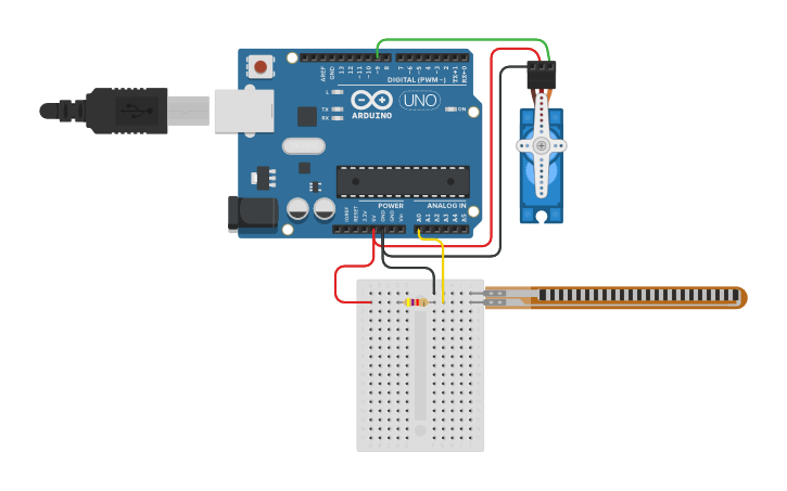 Circuit design Servo controlled by flex sensor - Tinkercad