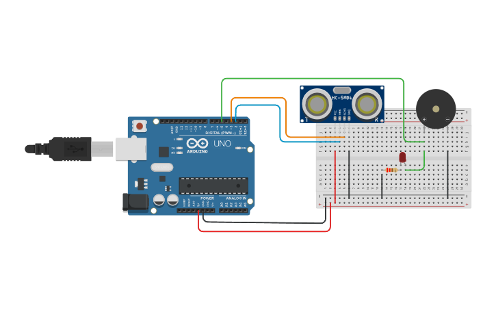 Circuit design Sensor Ultrasónico, Buzzer, Led, Monitor Serie | Tinkercad