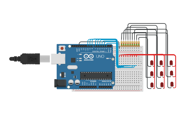 Circuit design Nine LED Display | Tinkercad