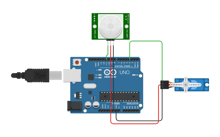 Circuit design Rotate a servo motor through PIR | Tinkercad