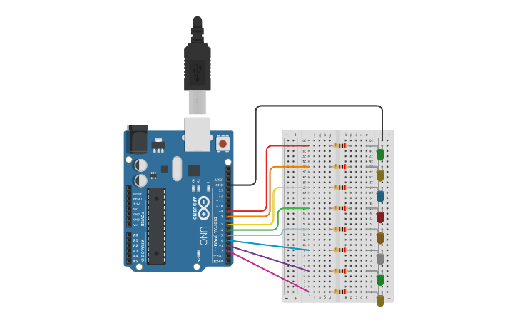 Circuit design Practica 3 juego de luces automático - Tinkercad