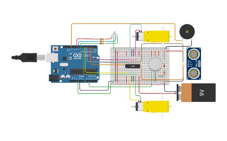 Circuit design Robot evasor de obstaculos con sensor de gas - Tinkercad