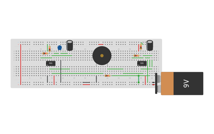 Circuit design police siren using 555 timer - Tinkercad