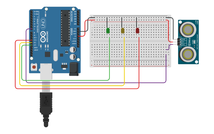 Circuit design Aula - 08 Sensor ultrasonico-LED (22 Set) - Tinkercad