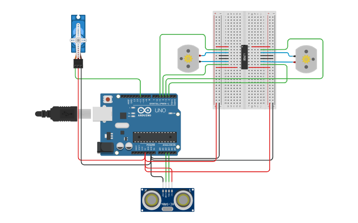 Circuit design Robot Car with UltraSonic Sensor | Tinkercad