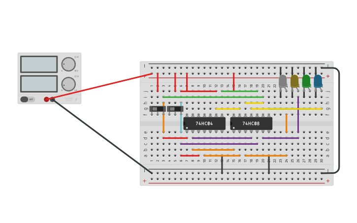 Circuit design 2 to 4 line decorder - Tinkercad