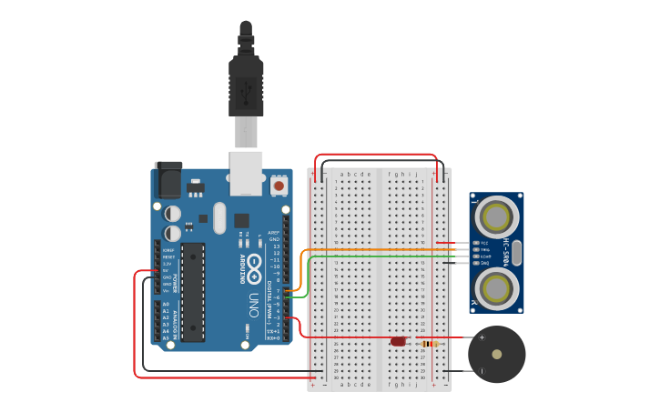 Circuit design Ultrasonic sensor with a LED and a buzzer - Tinkercad