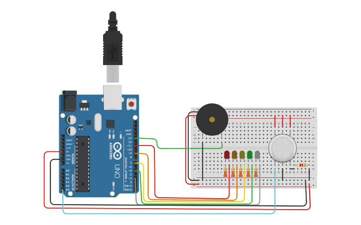 Circuit design Sensor de gas y alarmas - Tinkercad