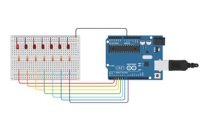 Circuit design 2.auto fantástico 7 leds salto | Tinkercad
