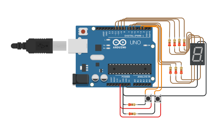 Circuit design Contador 7 segmentos - Tinkercad