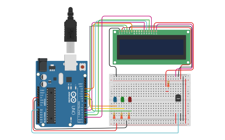 Circuit design Temp Sensor LCD - Tinkercad