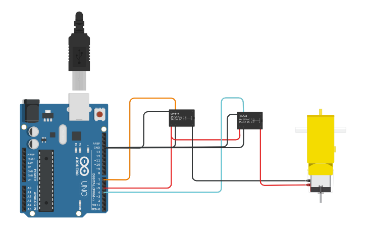 Circuit design Ponte H com relés - Tinkercad
