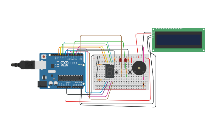 Circuit design 7 segment with buzzer and leds - Tinkercad