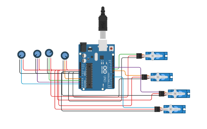 Circuit design 4 Servos Motores - Tinkercad