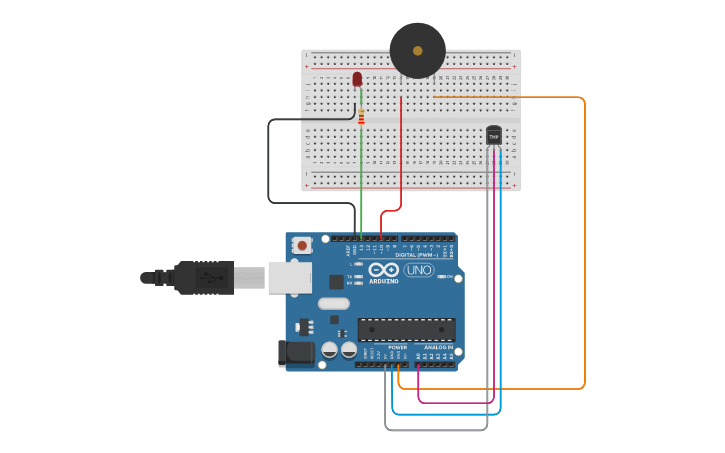 Circuit design Temperature sensor with buzzer - Tinkercad