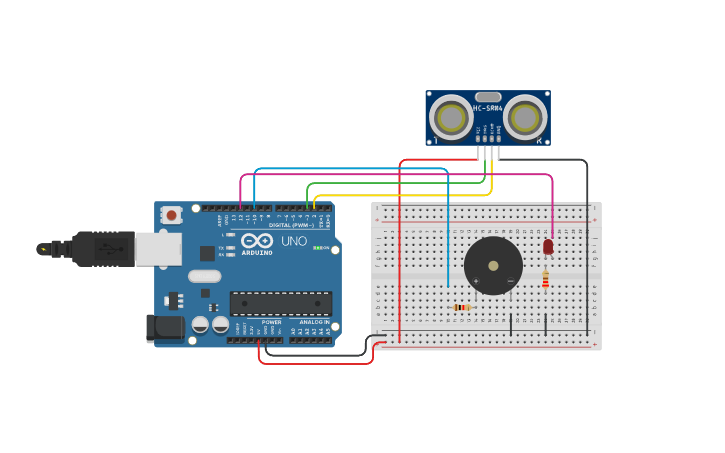 Circuit design ULTRASONIC SENSOR AND BUZZER - Tinkercad