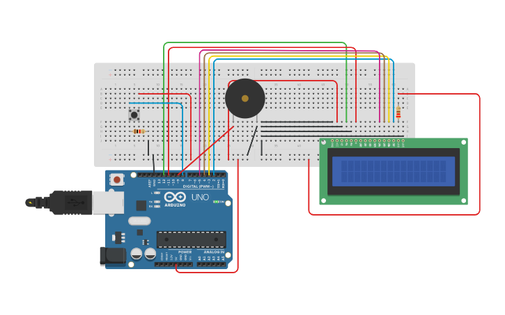 Circuit design LCD, buzzer and button - Tinkercad