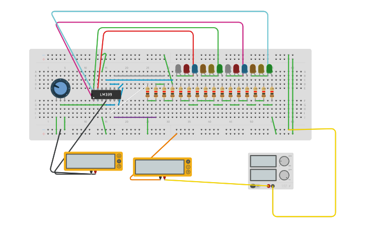 Circuit design multiple led control using lm339 | Tinkercad