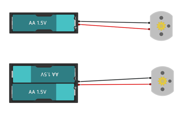 Circuit design Power a motor using 1 and 2 AA batteries - Tinkercad